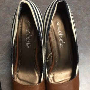 Charming Charlie | Shoes | Charming Charlie Brown Leather Stripe Wedge ...